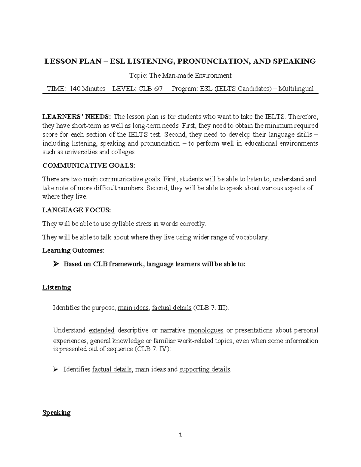 LESSON PLAN – ESL LISTENING, PRONUNCIATION, AND SPEAKING - Therefore ...