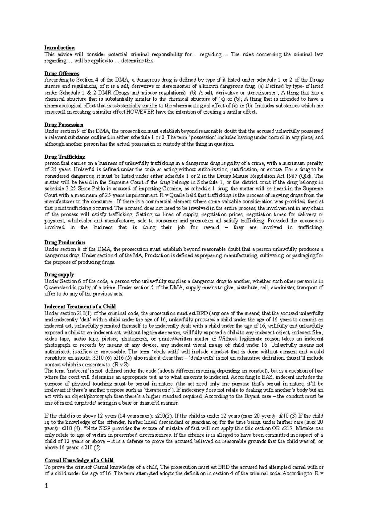 Criminal law - study notes - Introduction This advice will consider ...