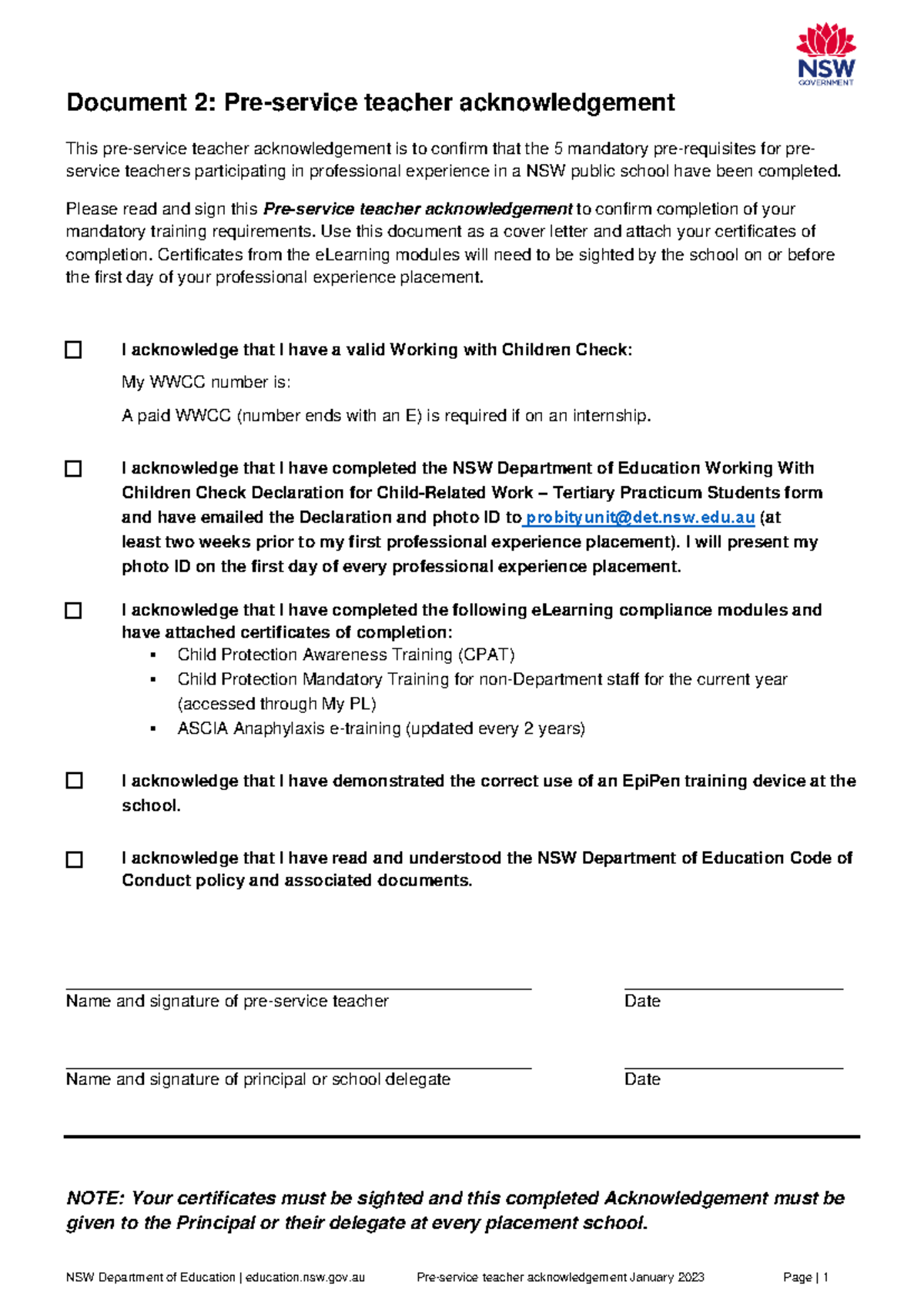 07. Pre-service teacher acknowledgement 2023 - NSW Department of ...