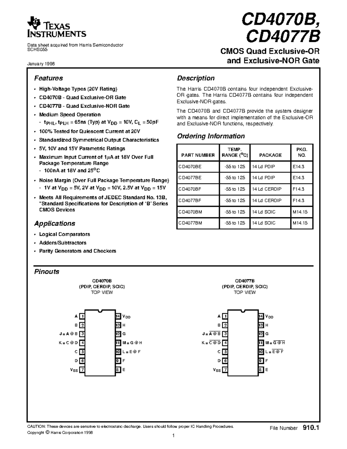 CD4070B - cada - ####### Data sheet acquired from Harris Semiconductor ...