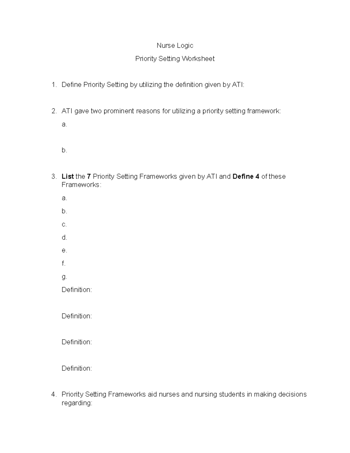Nurse Logic Worksheet - Nurse Logic Priority Setting Worksheet Define ...