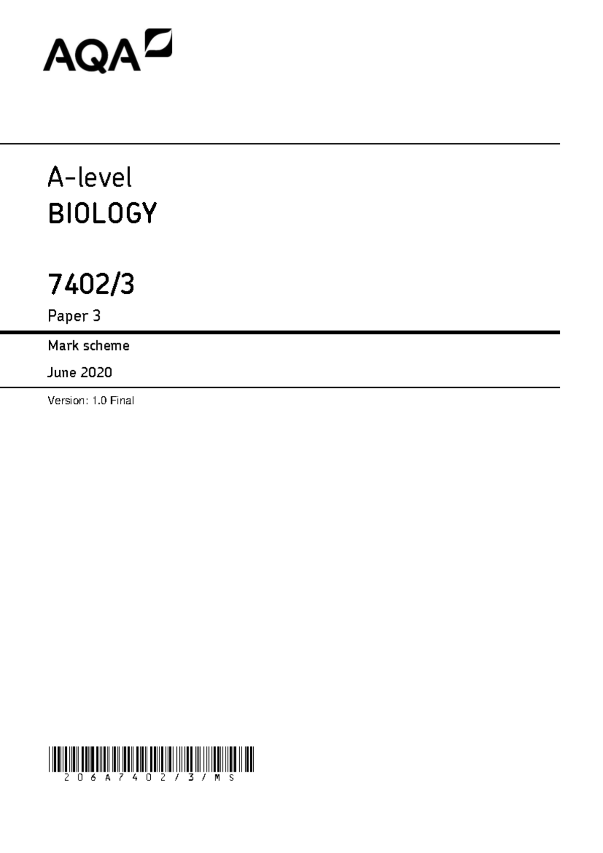 AQA 7402 3 W MS - Bio - A-level BIOLOGY 7402/ Paper 3 Mark scheme June ...