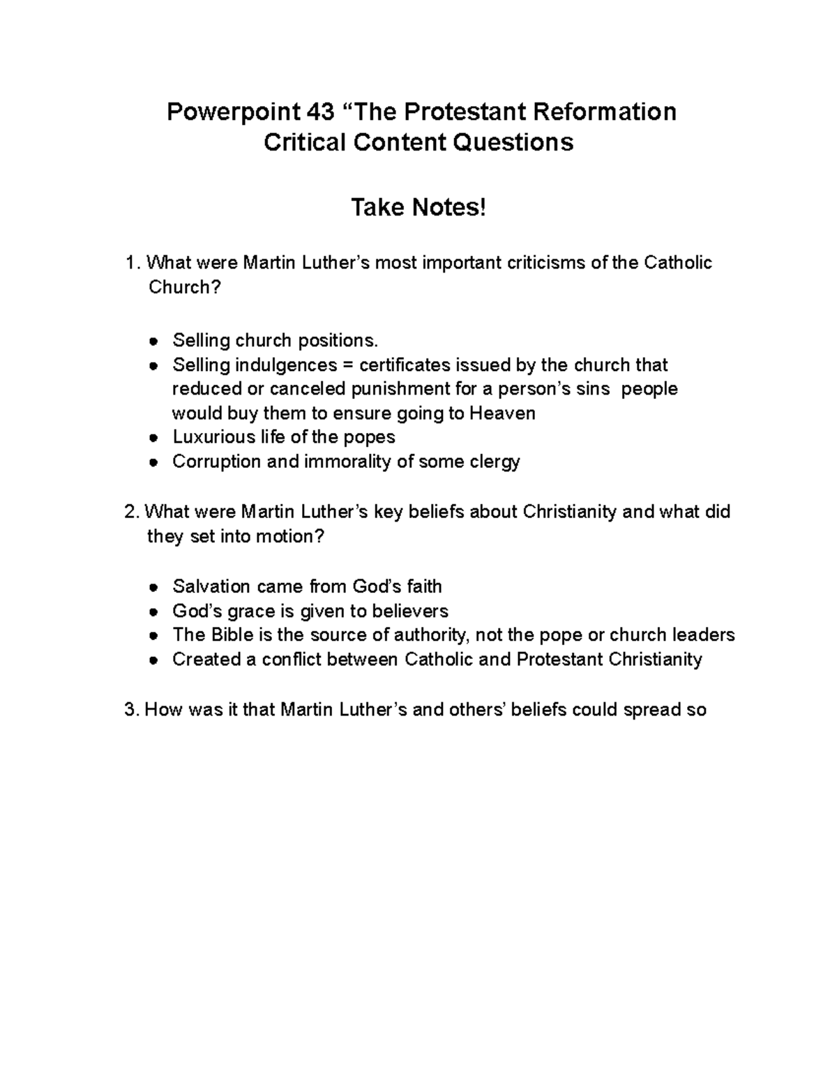 Powerpoint 43 “The Protestant Reformation Critical Content Questions ...