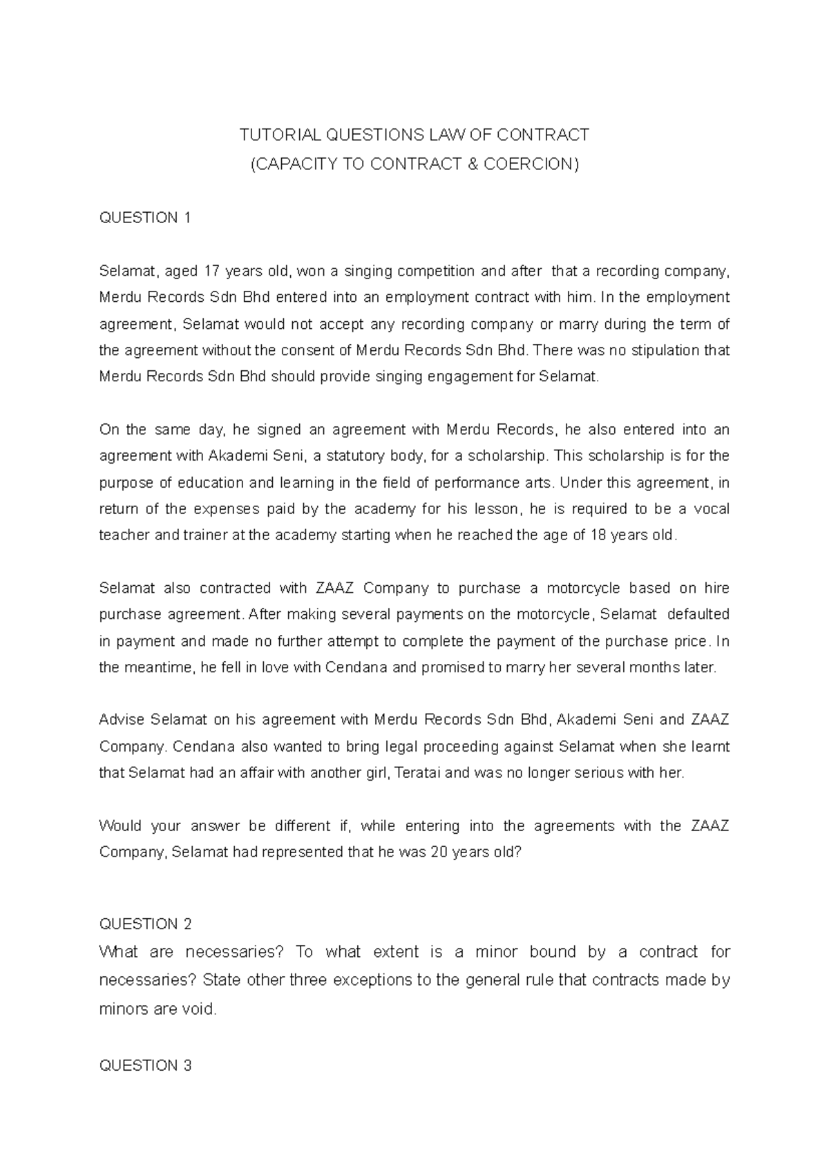 2019 Capacity Tutorial Questions LAW OF Contract - TUTORIAL QUESTIONS LAW OF CONTRACT (CAPACITY ...