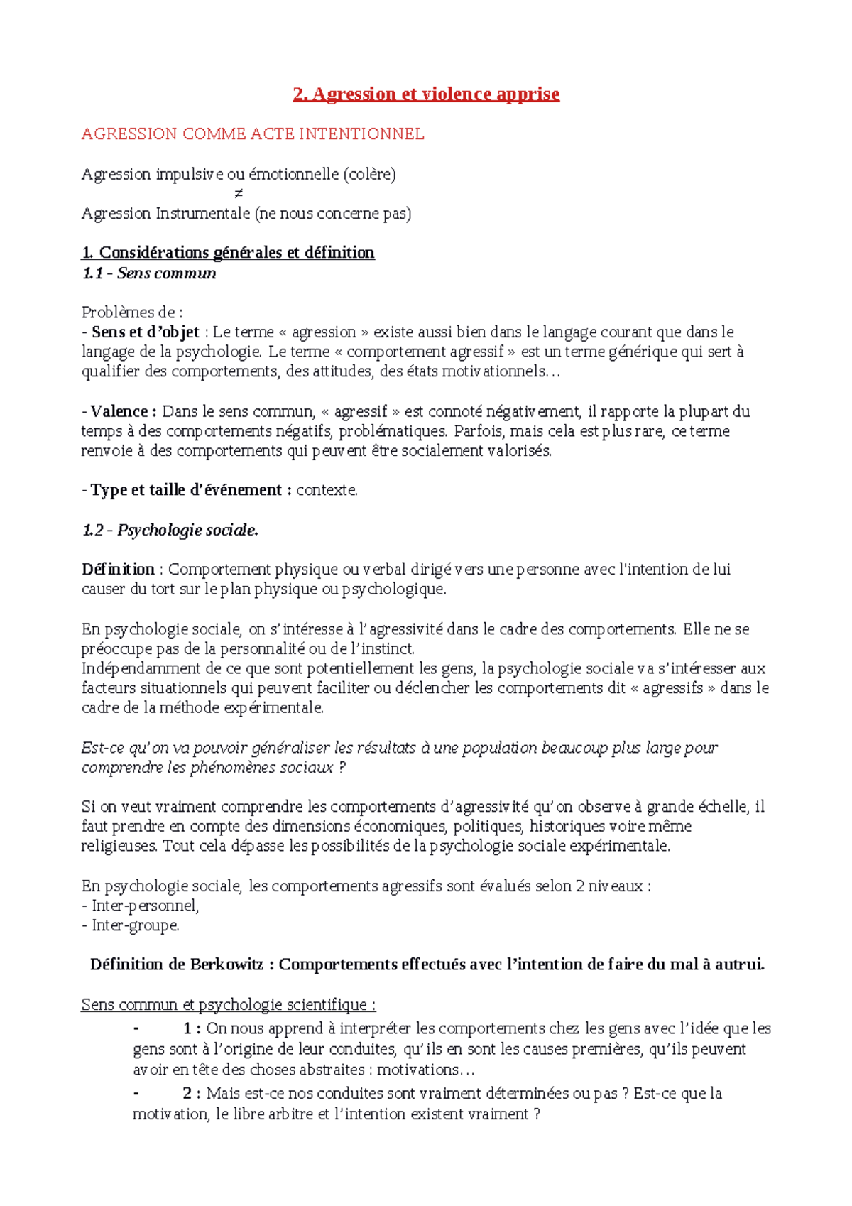 Cours 8 - agression - 2. Agression et violence apprise AGRESSION COMME ...