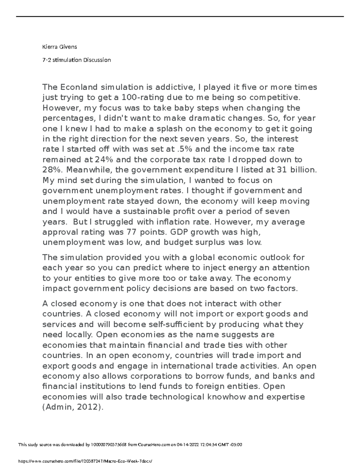 Macro Eco Week 7 - Discussion - Kierra Givens 7-2 stimulation ...