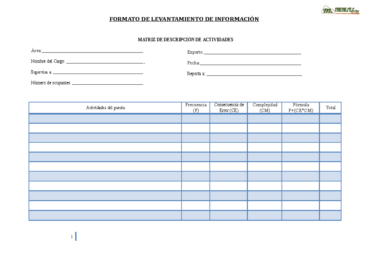 Anexo A- Formato de Levantamiento de Perfiles - FORMATO DE LEVANTAMIENTO DE INFORMACIÓN 1 MATRIZ ...
