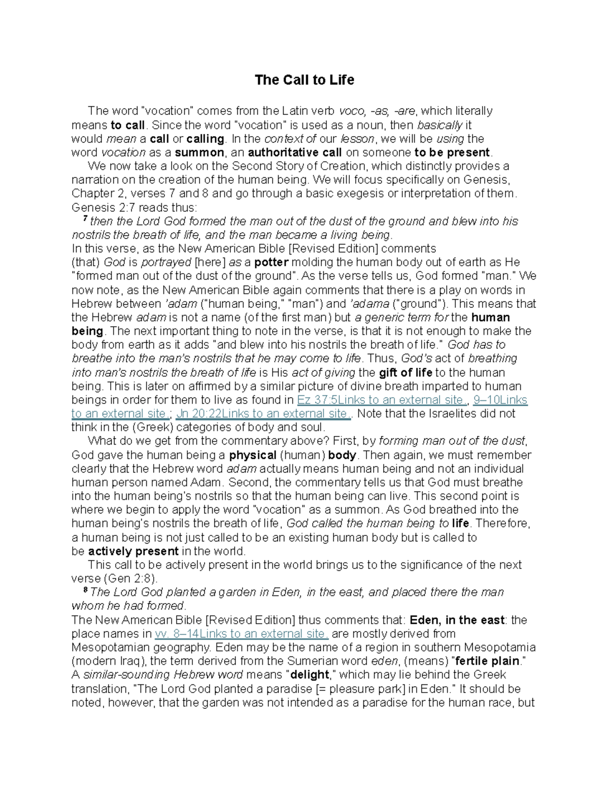 The Call to Life - a reading for vocation and mission - The Call to ...