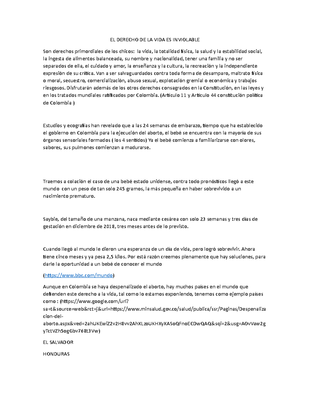 EL Derecho DE LA VIDA ES Inviolable Ensayo - EL DERECHO DE LA VIDA ES ...