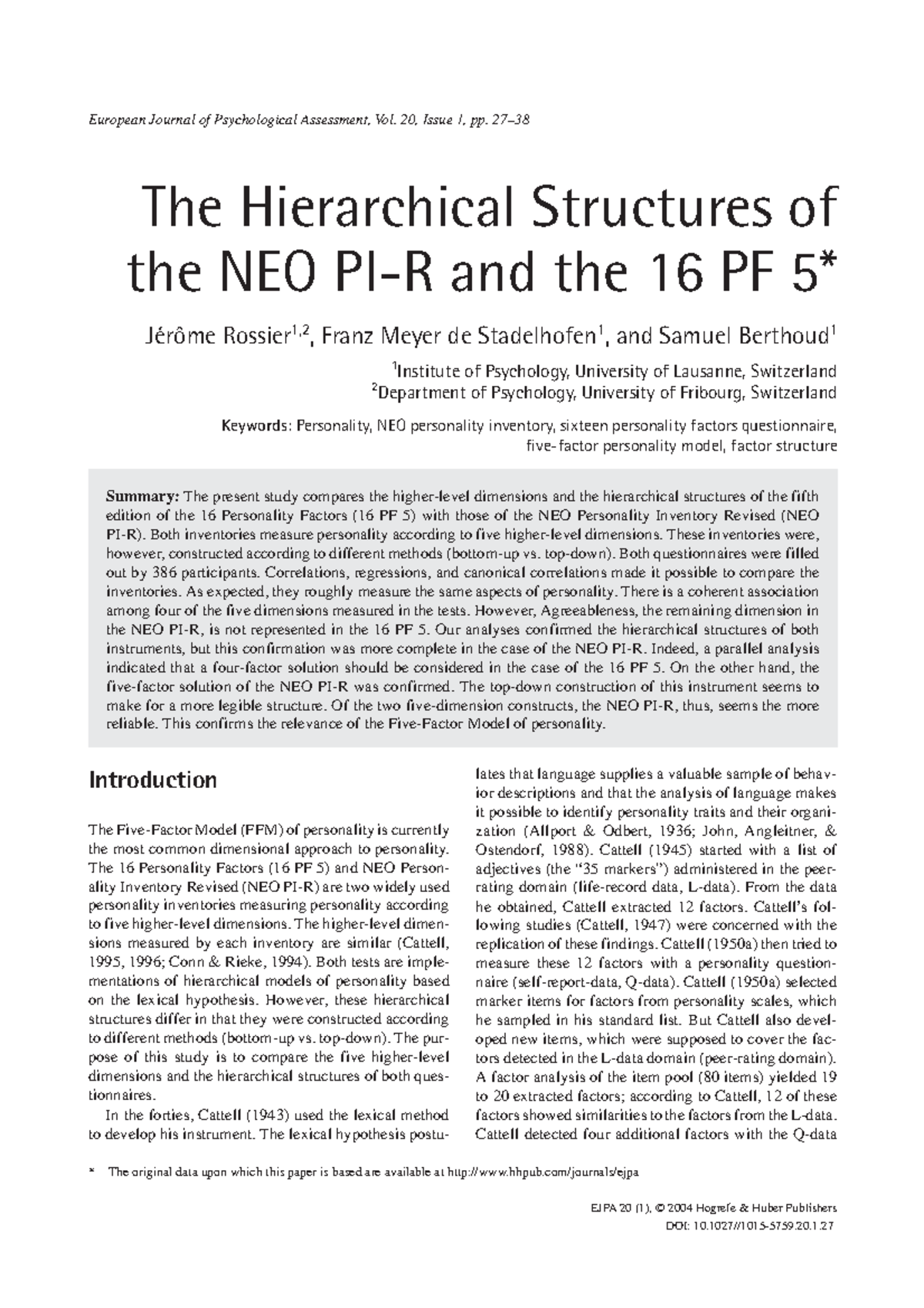 The hierarchical structures of the neo pi r and the 16pf5 - J. Rossier ...