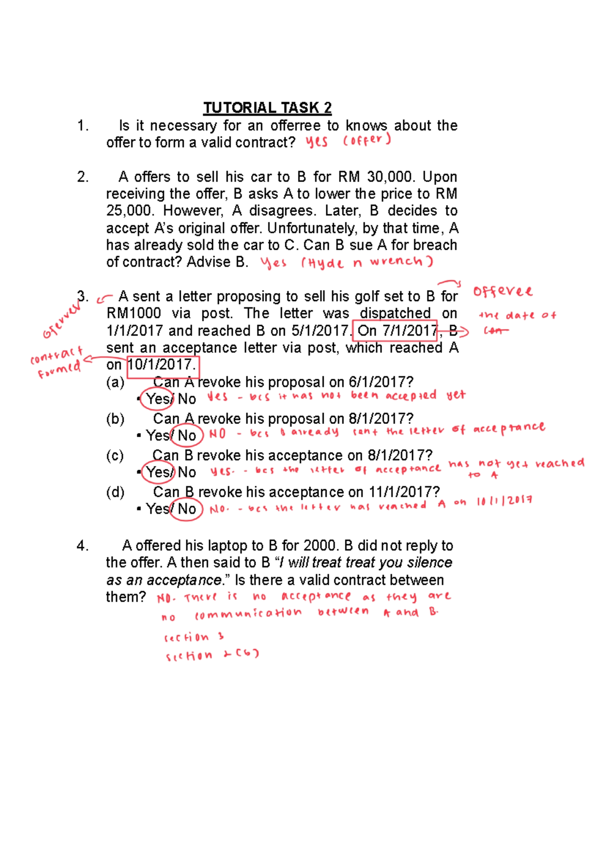 Tutorial TASK 2 v - law 083 - TUTORIAL TASK 2 Is it necessary for an offerree to knows about the ...