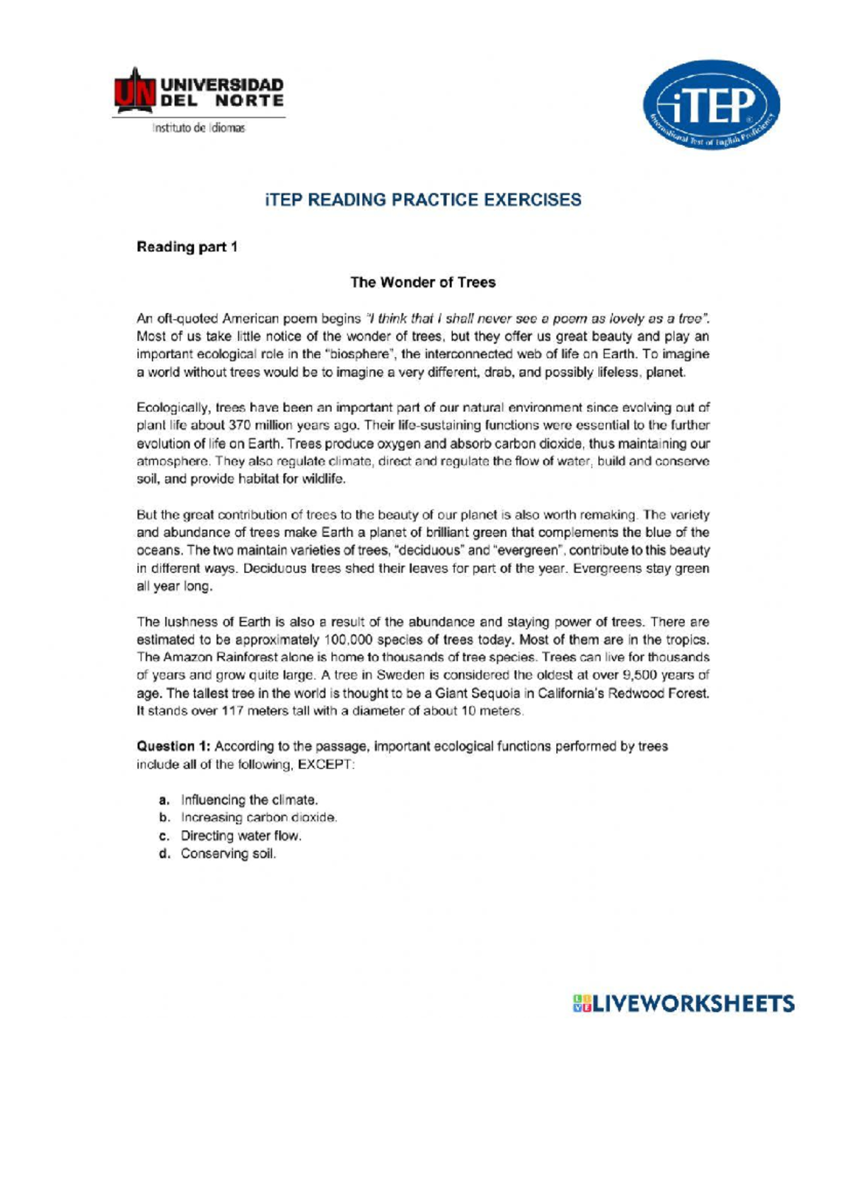 Document - UNIVERSIDAD DEL NORTE iTEP Instituto de Idiomas Test of ...