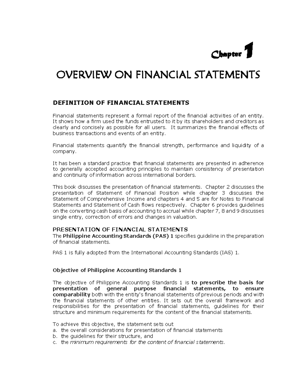FS and SFP Lecture Notes - Chapter 1 OVERVIEW ON FINANCIAL STATEMENTS ...