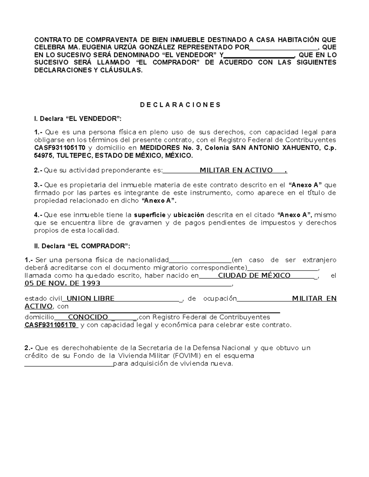 Contrato Contrato De Compraventa De Bien Inmueble Destinado A Casa