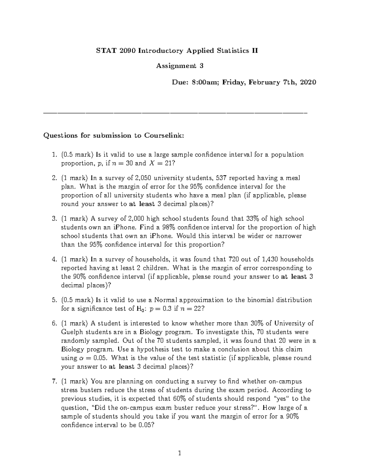 ST2090 Assignment 3 W20 - STAT 2090 Introductory Applied Statistics II ...
