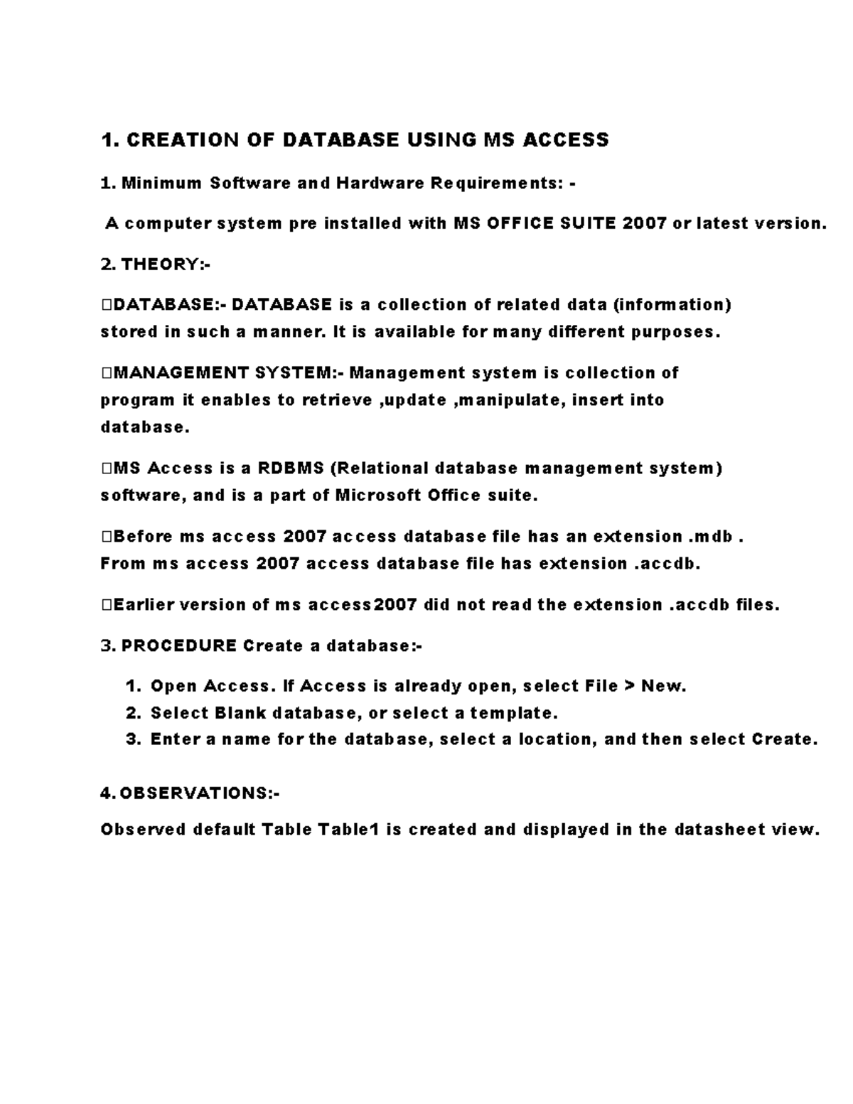 Mmlab manual-1 - It is ver good - 1. CREATION OF DATABASE USING MS ACCESS 1. Minimum Software ...