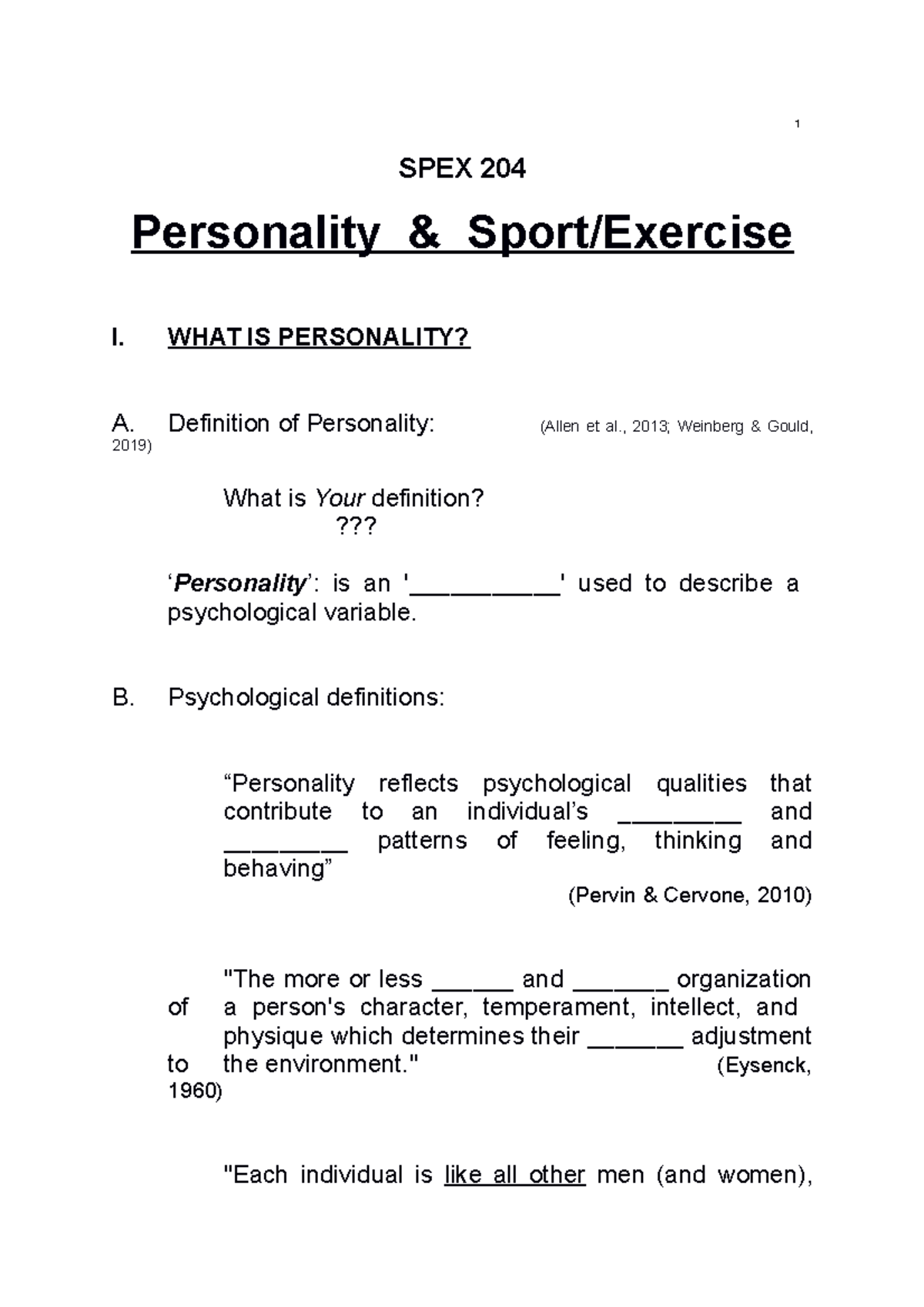 SPEX 204 LEC 03 - Personality BB - SPEX 204 Personality & Sport ...