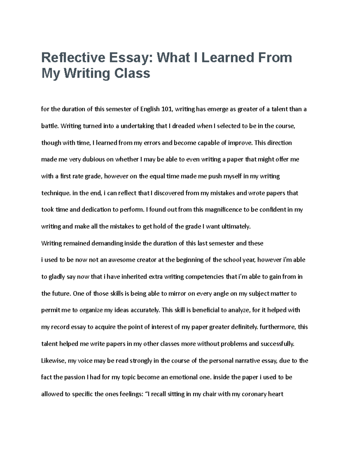 Reflective Essay What I Learned From My Writing Class - Writing turned ...
