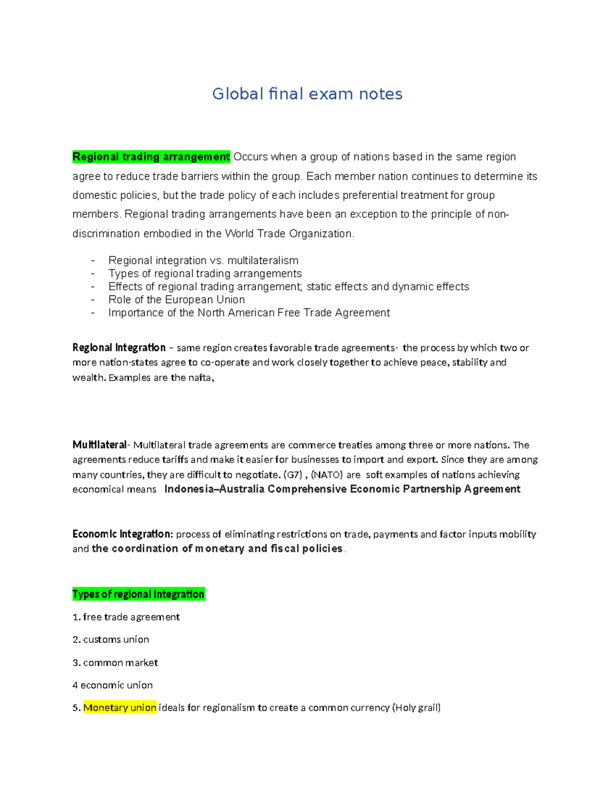 Final Exam notes - Global final exam notes Regional trading arrangement ...