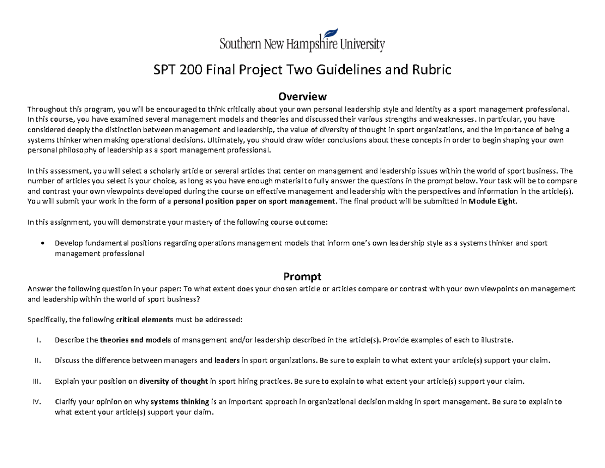 SPT 200 Final Project Two Guidelines and Rubric - In this course, you ...