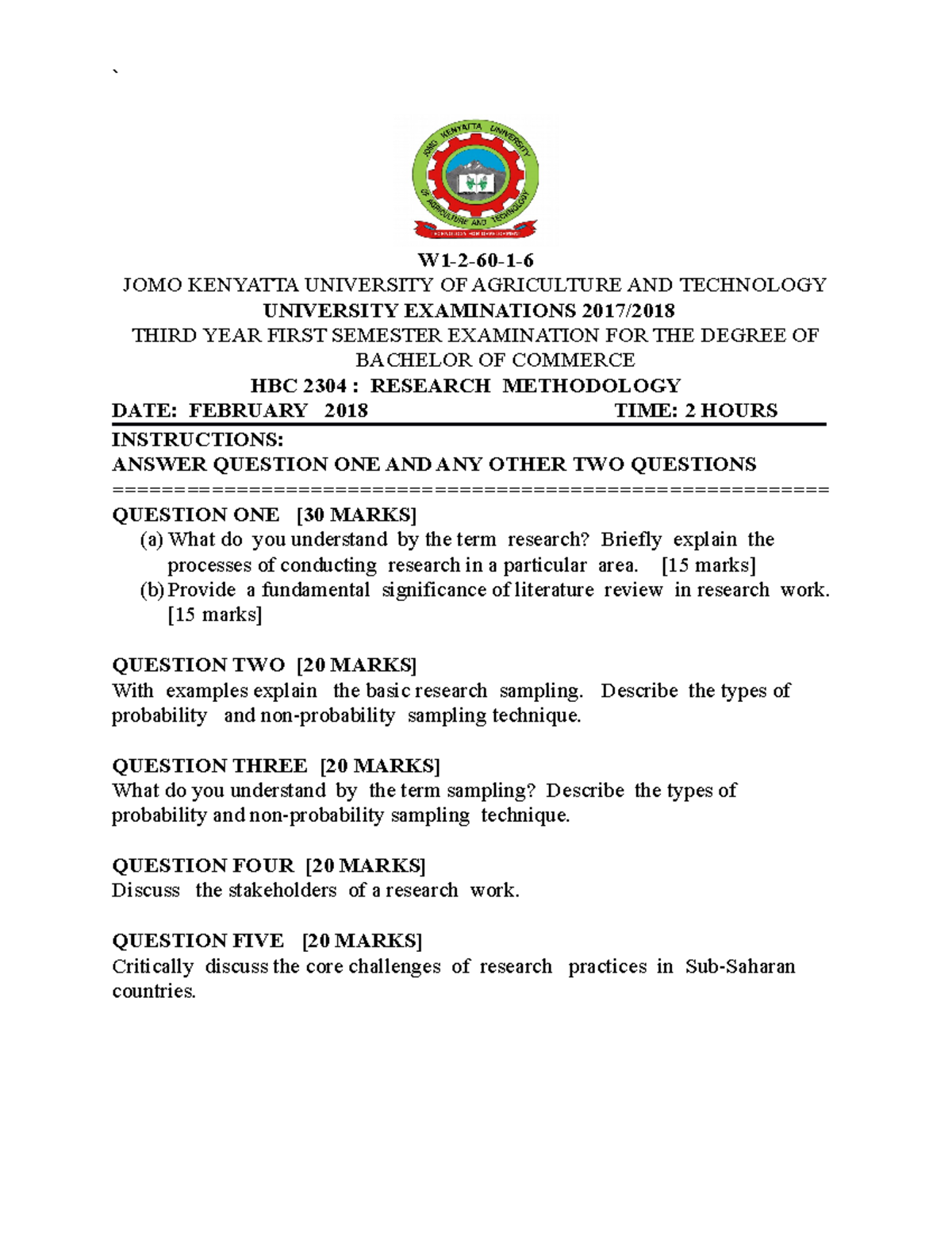 HBC 2304 Research Methodology - Business information technology - JKUAT ...