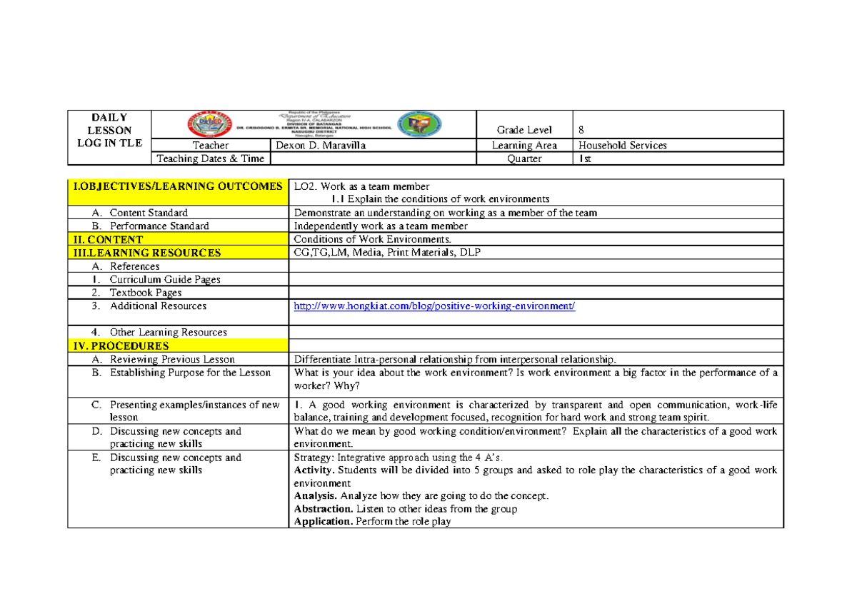 Household L6-5 - DAILY LESSON LOG IN TLE Grade Level 8 Teacher Dexon D ...