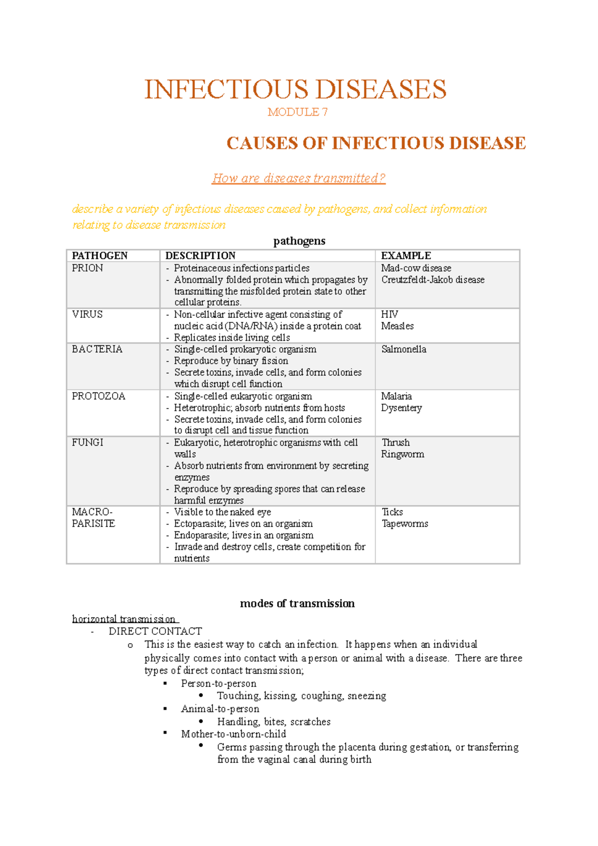 Biology - MOD 7 - INFECTIOUS DISEASES MODULE 7 CAUSES OF INFECTIOUS ...