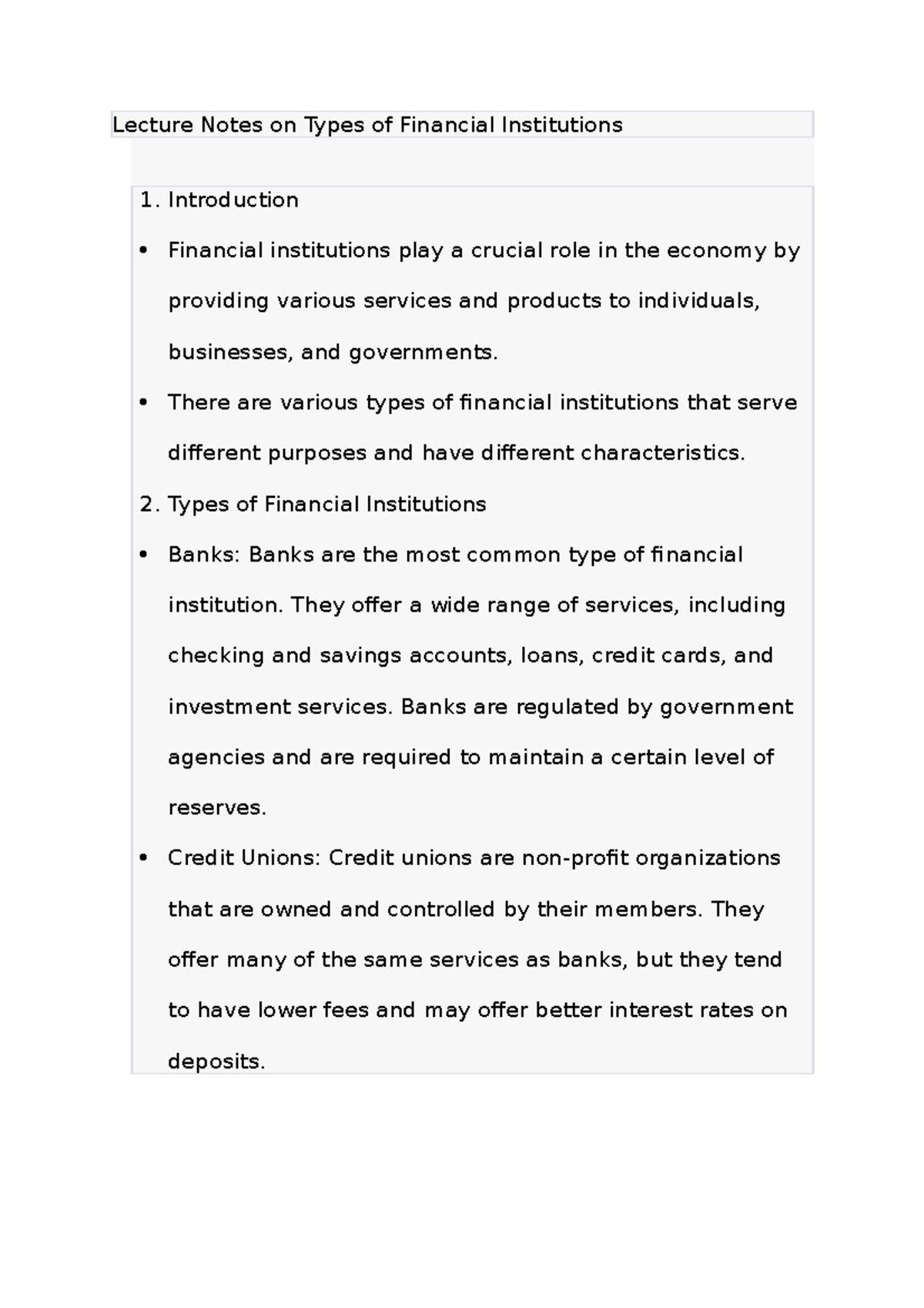 Lecture Notes on Types of Financial Institutions - Lecture Notes on ...