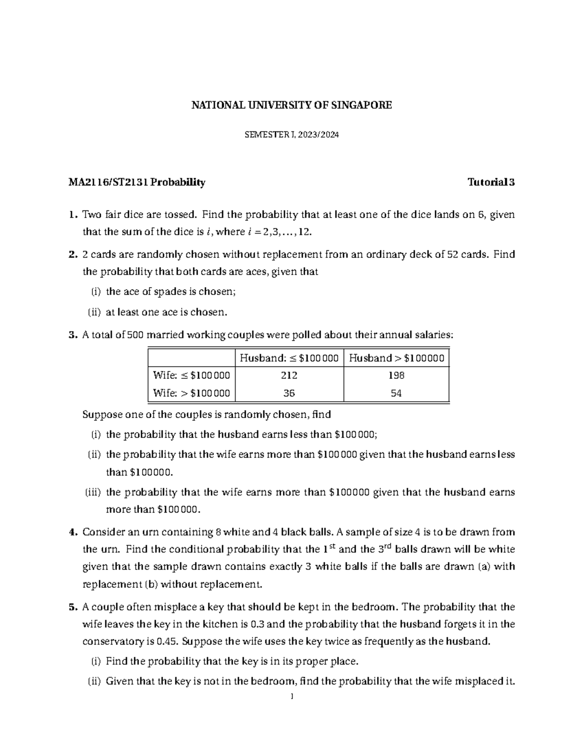 Probability-Tutorial 03 - NATIONAL UNIVERSITY OF SINGAPORE SEMESTER I, 2023/ MA2116/ST2131 - Studocu