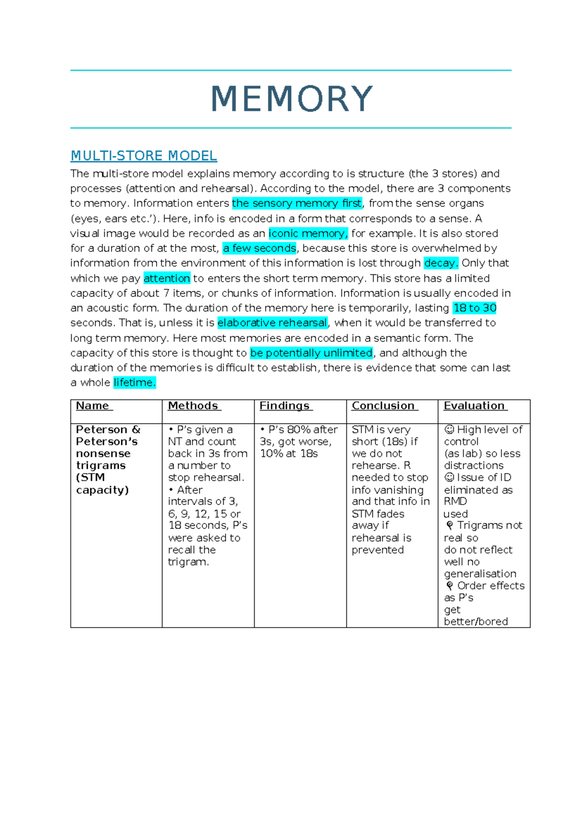 Memory notes - MEMORY MULTI-STORE MODEL The multi-store model explains ...