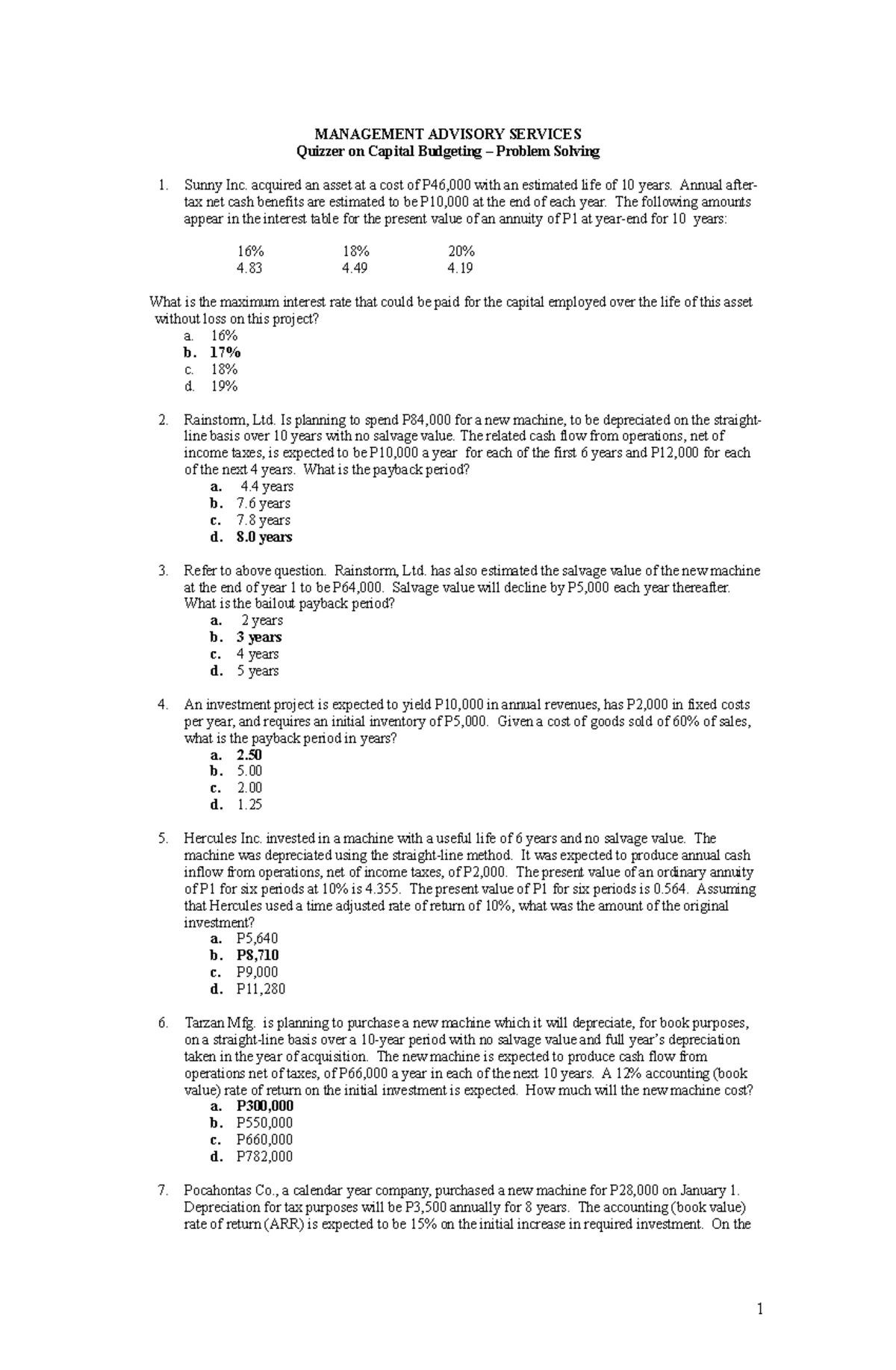 Problem Solving - Capital Budgeting - MANAGEMENT ADVISORY SERVICES ...