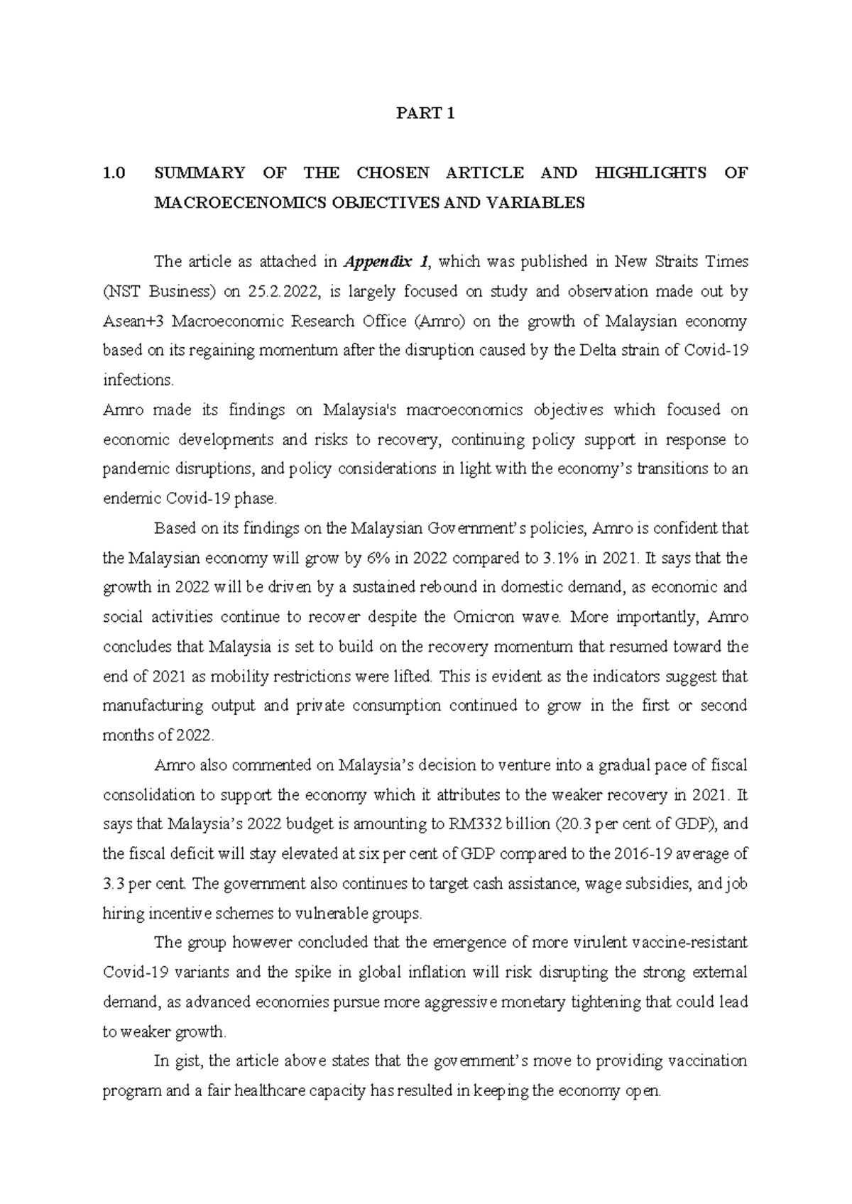 BBEK4203 macroeconomics - PART 1 1 SUMMARY OF THE CHOSEN ARTICLE AND ...