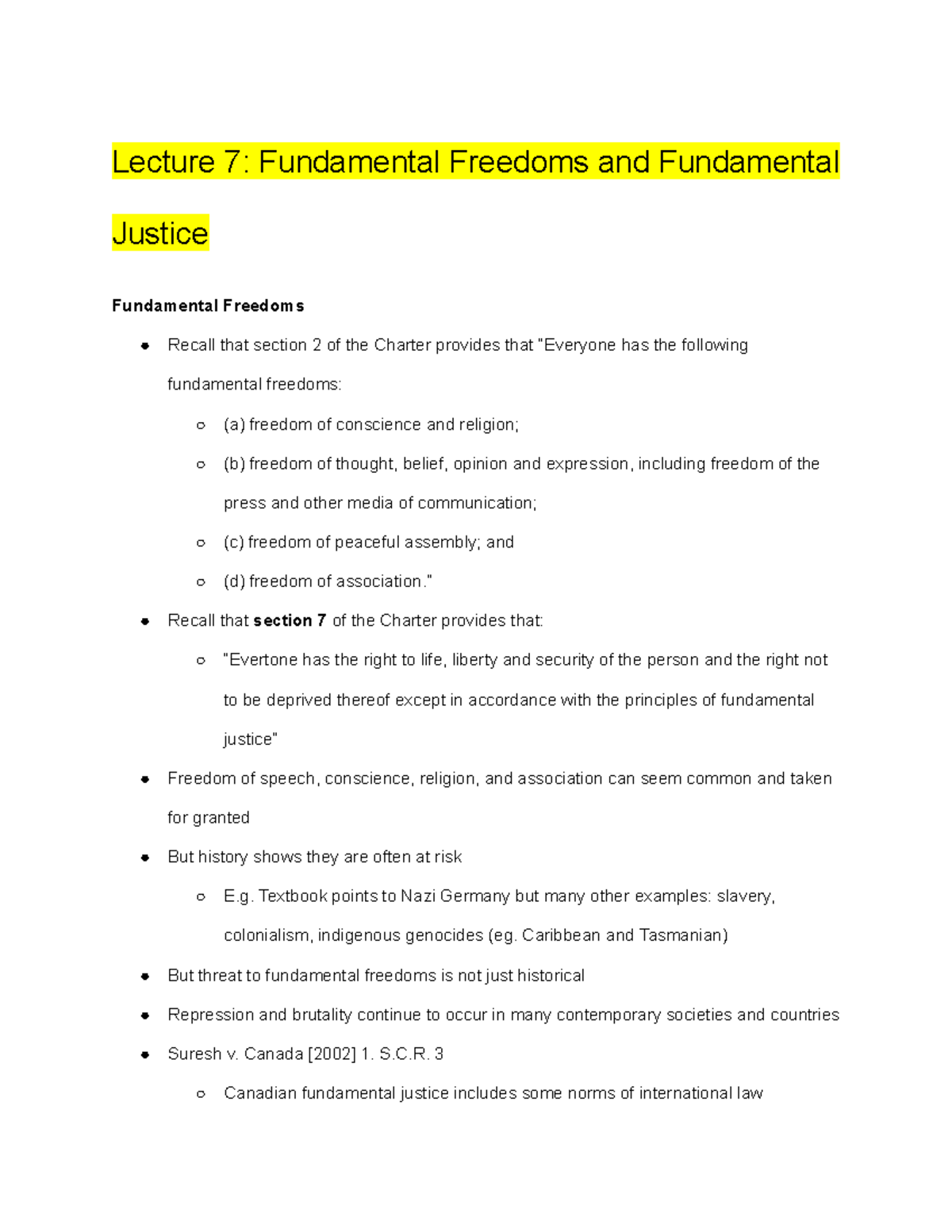 Lecture 7 Fundamental Freedoms and Fundamental Justice - Lecture 7 ...