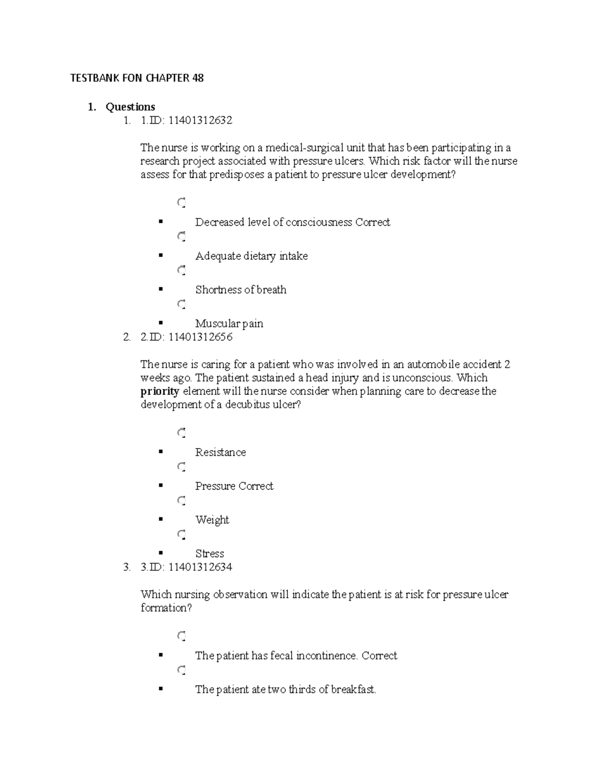 FON Chapter 48 - Practice Questions with answers - TESTBANK FON CHAPTER ...