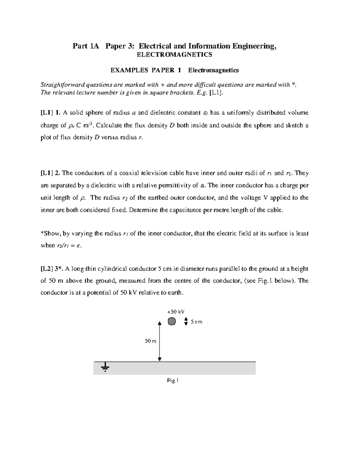 Examples sheet EM1 2021 - Part 1A Paper 3: Electrical and Information ...