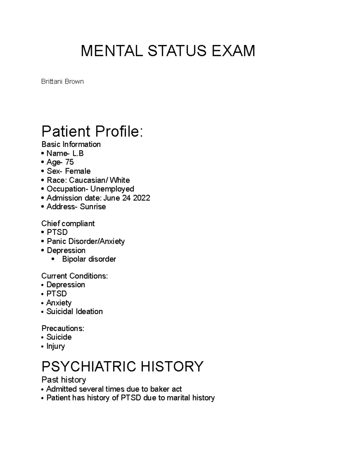 Mental Status EXAM - MENTAL STATUS EXAM Brittani Brown Patient Profile ...