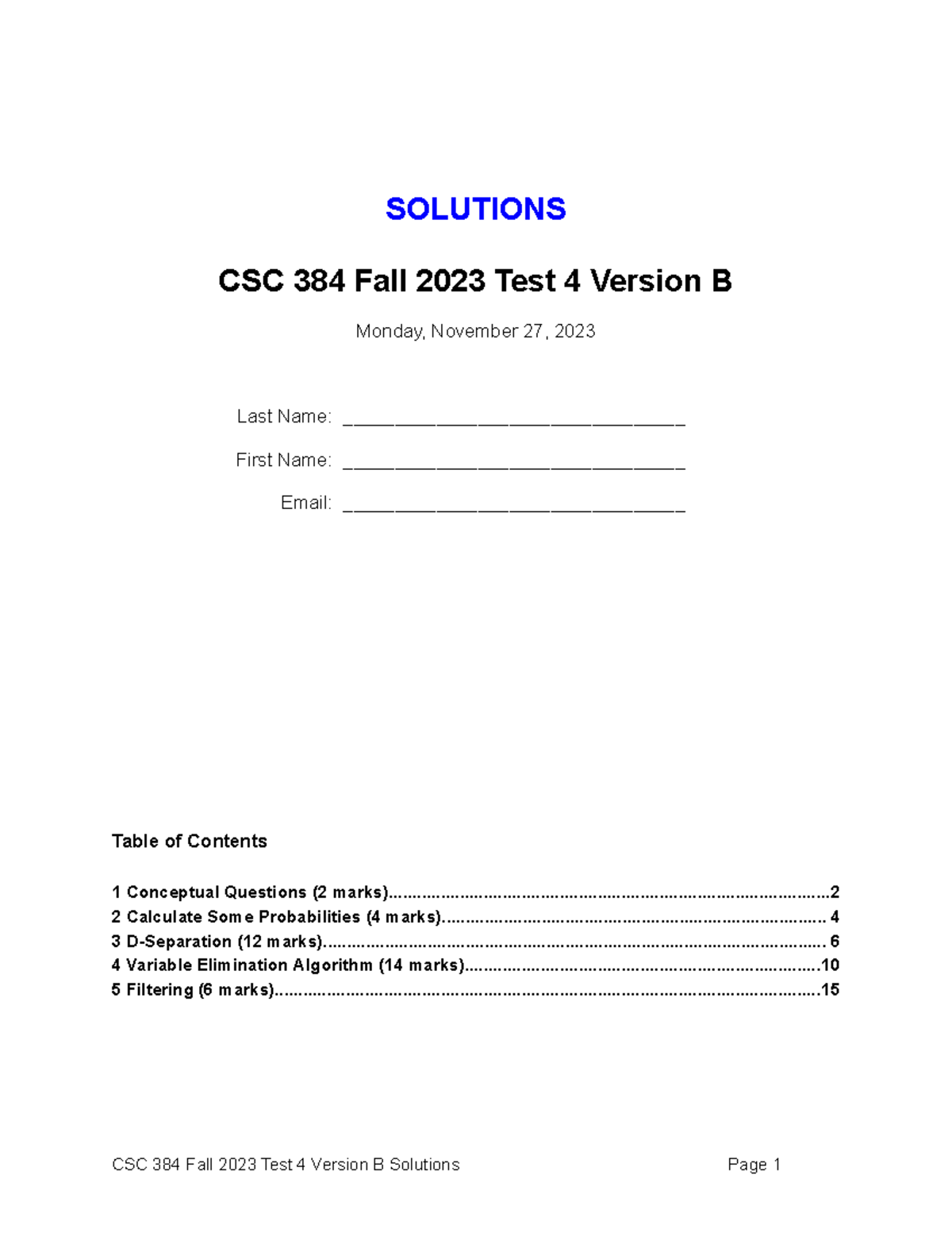 CSC 384 Fall 2023 Test 4 Version B Solutions - SOLUTIONS CSC 384 Fall ...