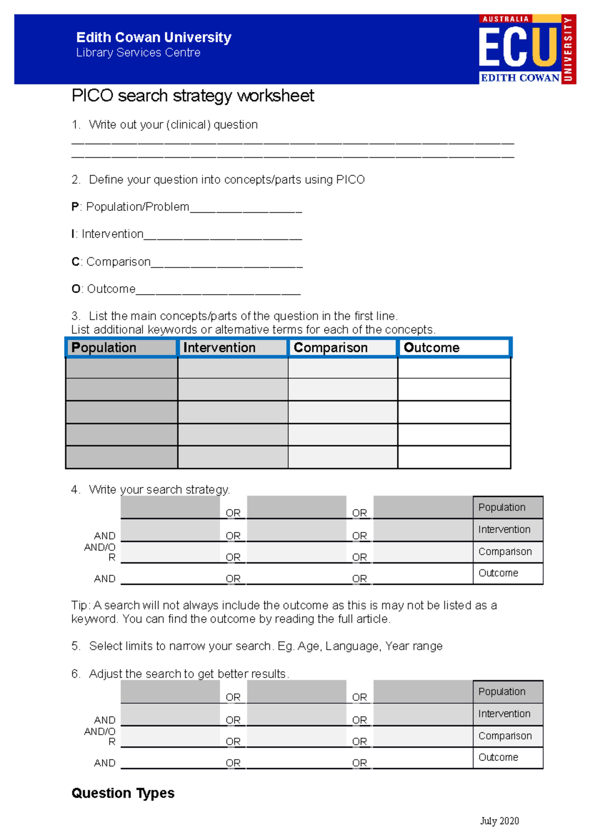 PICO Search strategy worksheet - Write out your (clinical) question - Studocu