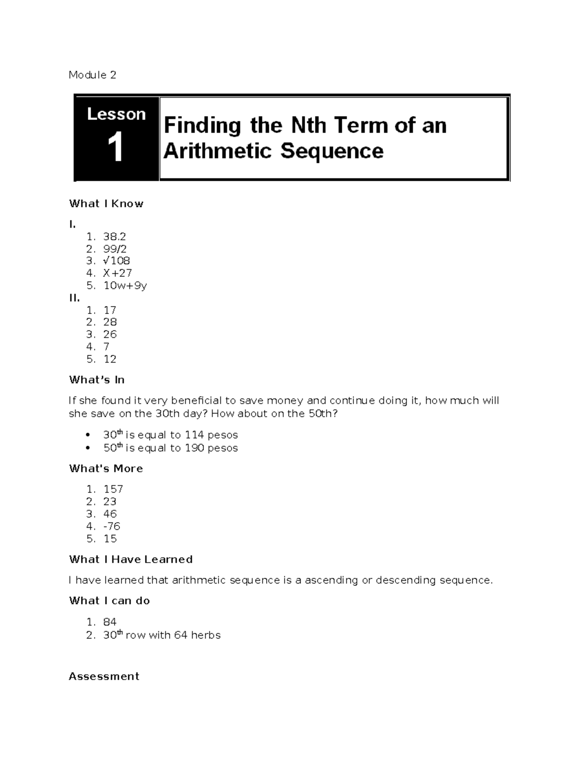 (done) Math Module 2 - Module 2 What I Know I. 1. 38. 2. 99/ 3. √ 4. X+ ...