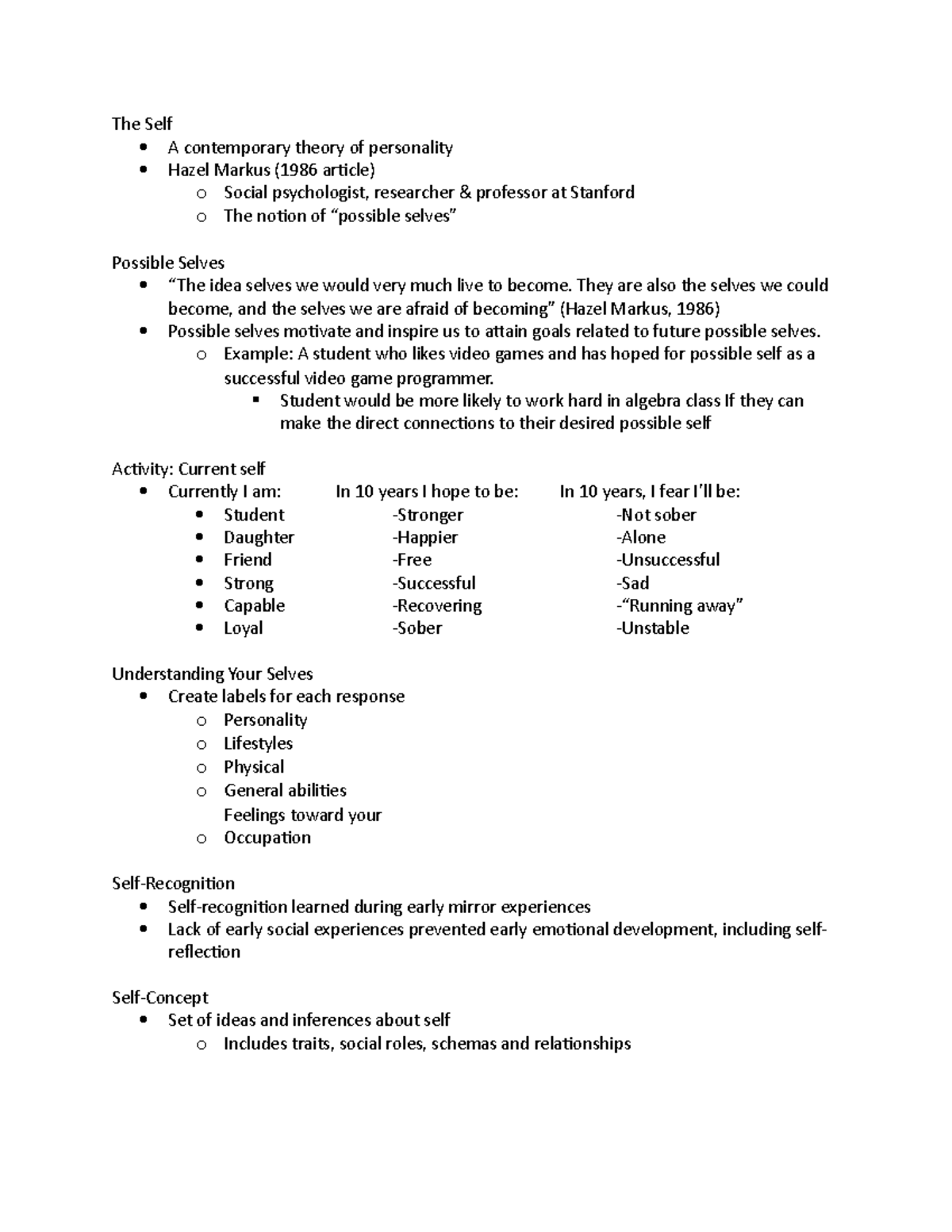 11-13-18 Notes - The Self A contemporary theory of personality Hazel ...