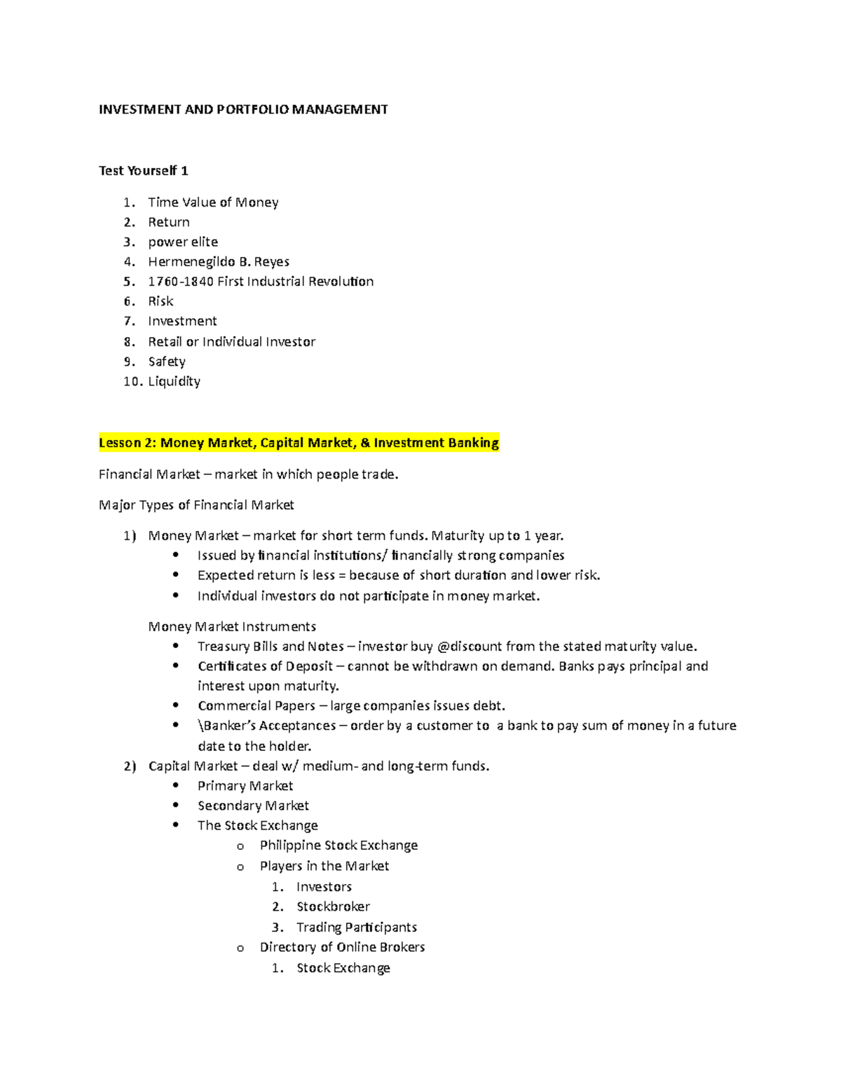 Reviewer for IPM - A brief summary on the lesson on Investment and ...