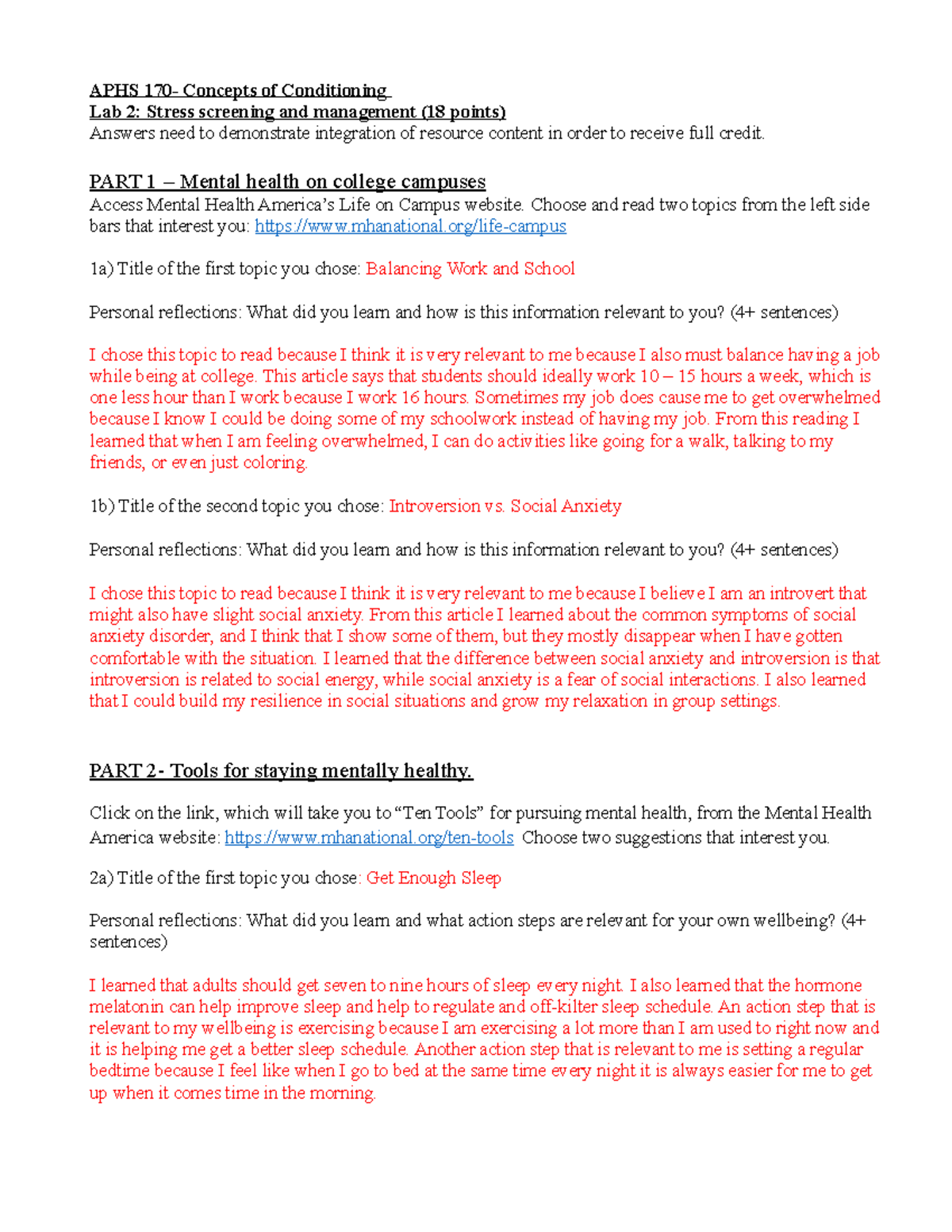 Lab 2- Stress screening and management - APHS 170- Concepts of ...