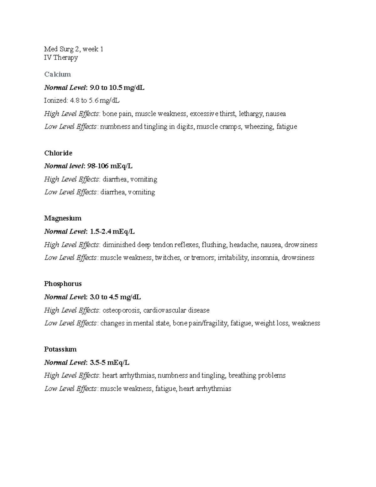 IV Therapy notes - Med Surg 2, week 1 IV Therapy Calcium Normal Level ...