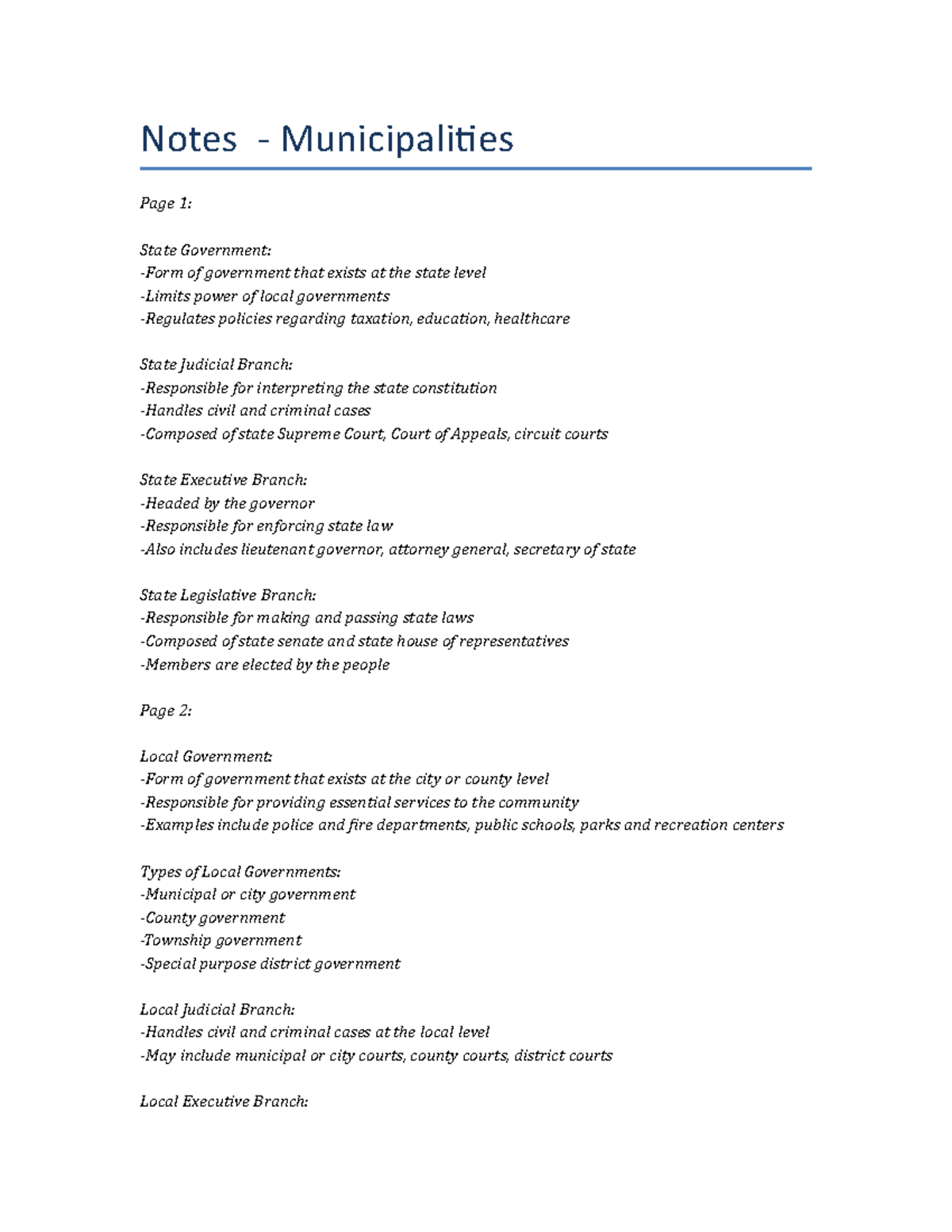 Lecture notes - Municipalities - Notes - Municipalities Page 1: State ...