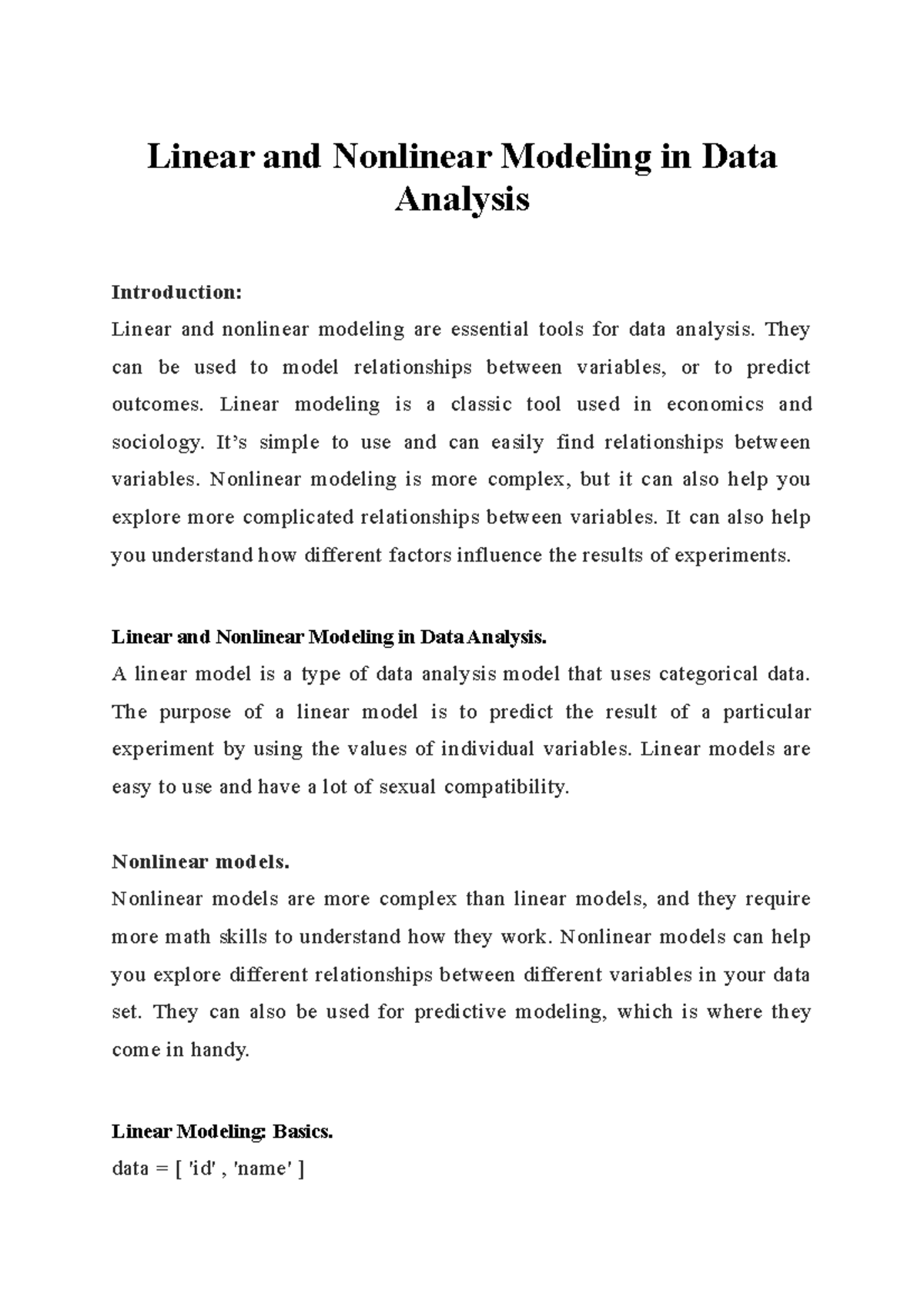 Linear And Nonlinear Modeling In Data Analysis Linear And Nonlinear Modeling In Data Analysis