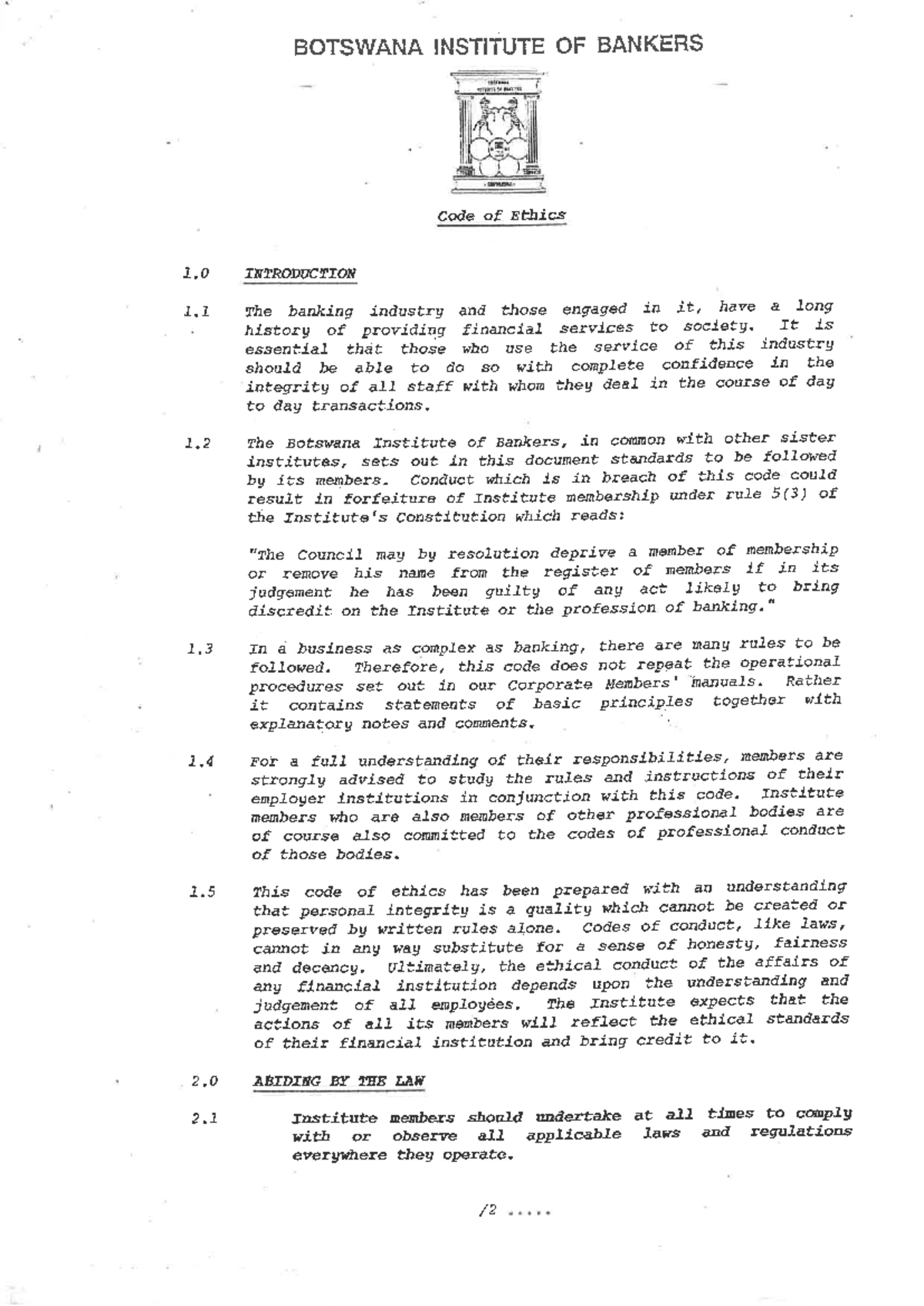 CODE OF Ethics BIOB - Behavioral Expectations of Bankers in banks ...