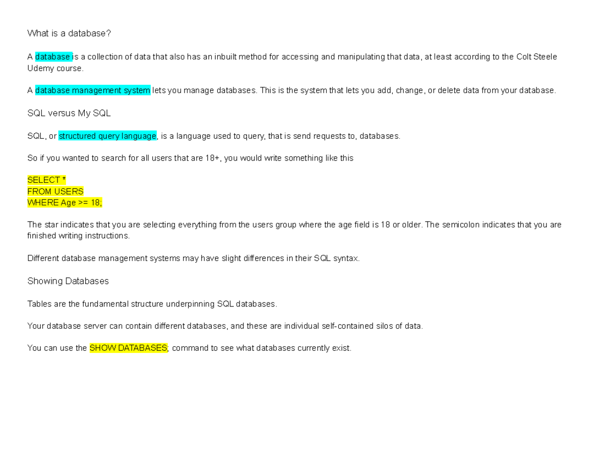 Sql Boot Camp Notes Modules 1 3 What Is A Database A Database Is A Collection Of Data That