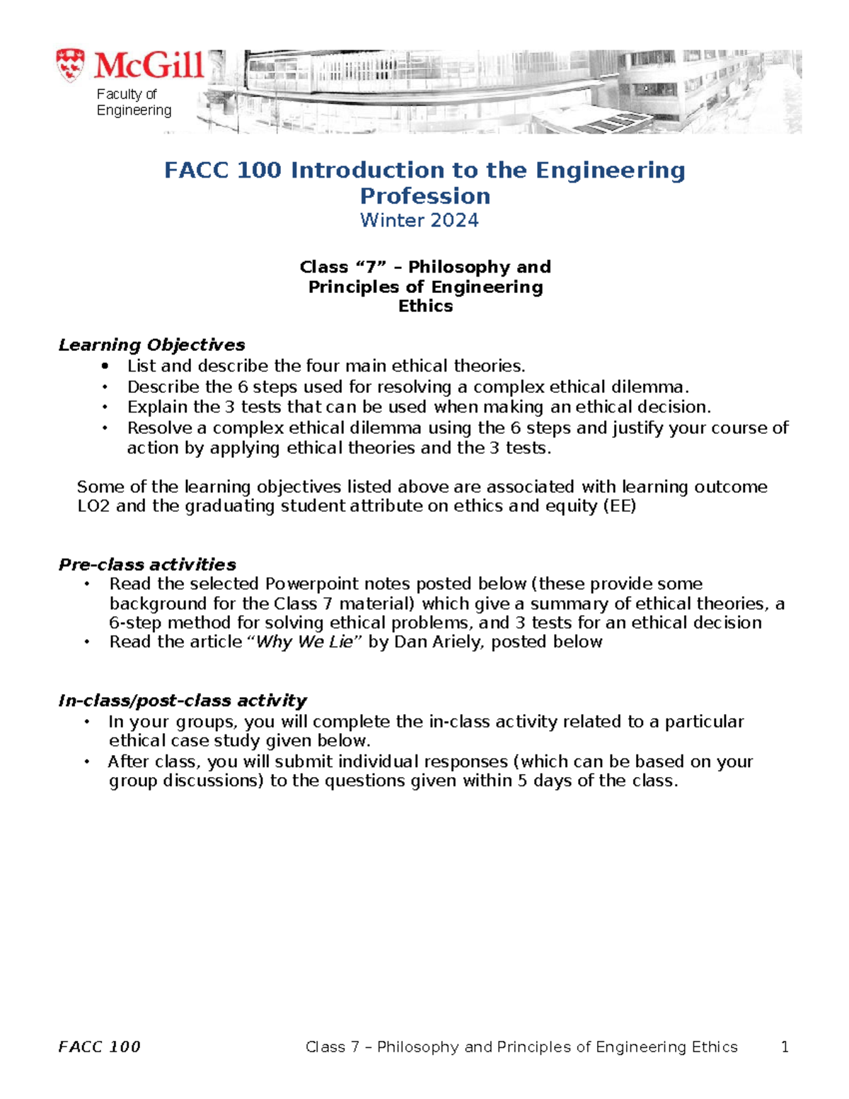 Class 7 prep with readings - Faculty of Engineering FACC 100 ...