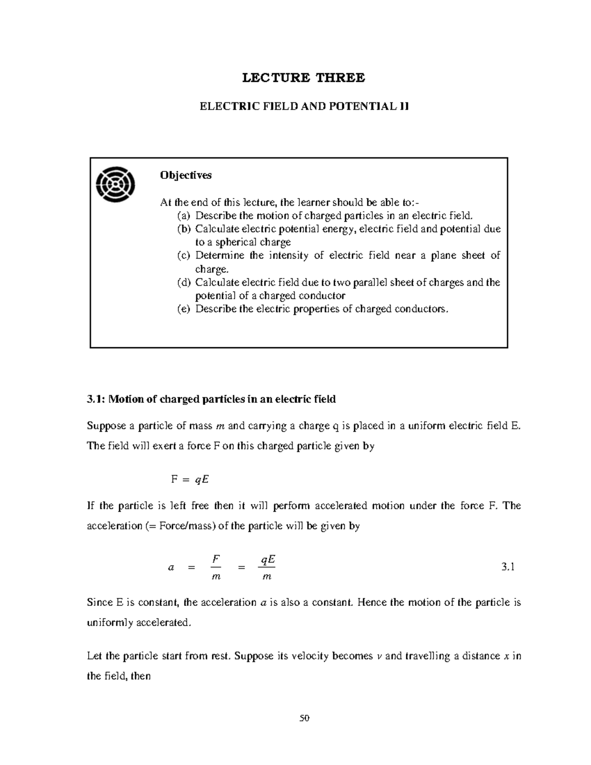 3 SPH 3102 Lecture Three - Electric Field AND Potential II - LECTURE THREE ELECTRIC FIELD AND ...
