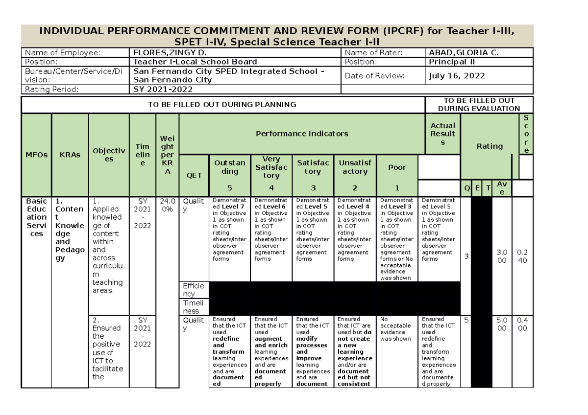 Individual Performance Commitment And Review Form Individual Performance Commitment And Review